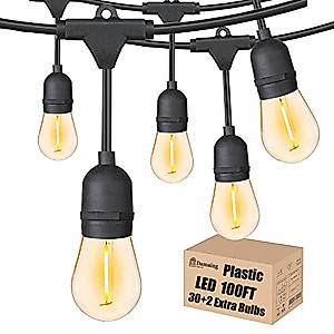 Outdoor String Lights LED 100FT Patio Lights with 32 Shatterproof S14 Dimmable Plastic Vintage Edison Bulbs and Commercial Grade Waterproof Strand Lights String for Porch Market Cafe String Lights