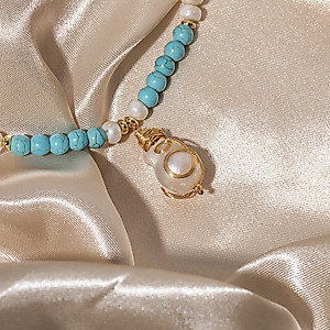 Cowlyn Baroque Pearl Pendant Necklace Turquoise Chain 18K Gold Plated Wire Winding Handmade Bohemian Style Adjustable Charm Fashion Valentine Jewelry for Women Mom