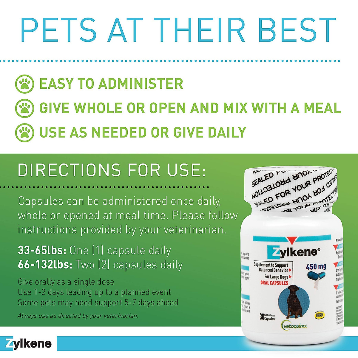 Vetoquinol Zylkene Calming Support Supplement for Large Dogs 33-132lbs, Helps Promote Relaxation and Reduce External Stress Factors, Daily Behavioral Support and Anxiety Relief for Dogs, 450mg