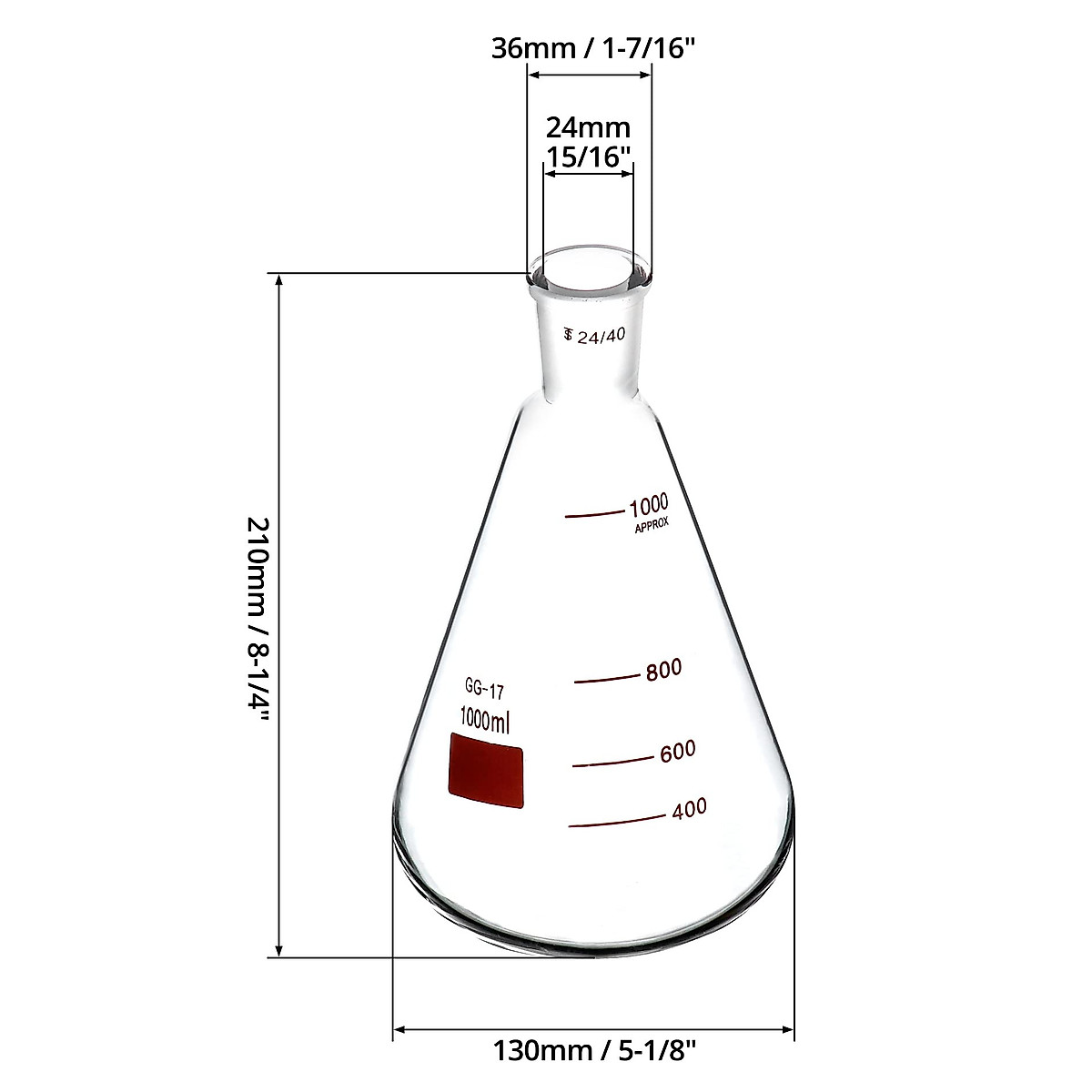 QWORK 1000 mL Borosilicate Glass Erlenmeyer Flask, Thick Wall Flask with 24/40 Outer Joint