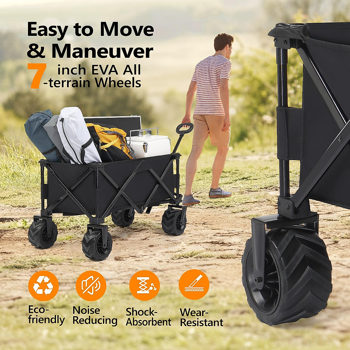 VINGLI Collapsible Wagons Carts, Heavy Duty Foldable Utility Garden Grocery Shopping Cart with Big All-Terrain Beach Wheels & Drink Holders with 220lbs Weight Capacity (Black)