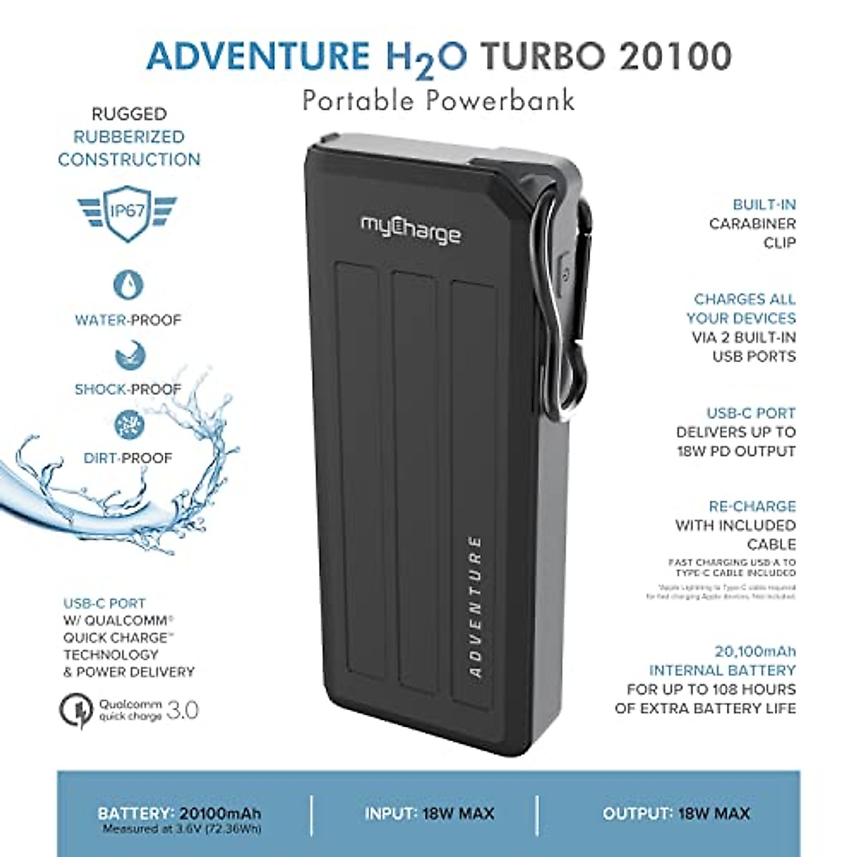 myCharge Portable Charger Waterproof USB C Power Bank Adventure 20100mAh Internal Battery / 18W Turbo Fast Charging Rugged Outdoor External Battery Pack Backup for Apple iPhone, iPad, Android
