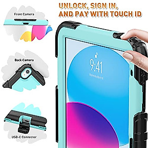 KEYCAUP Case for iPad 10th Generation 10.9 inch, Case for iPad 10 Gen: with Strong Protection, Screen Protector, Hand Strap, Shoulder Strap, 360° Rotating Stand, Pencil Holder - Light Blue