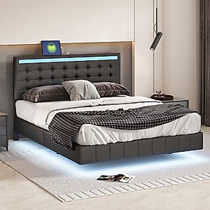 Merax Modern Tufted Floating Plattform Bed with LED Lights and USB Charging, Queen Bed Frame with Headboard, No Box Spring Needed, Black