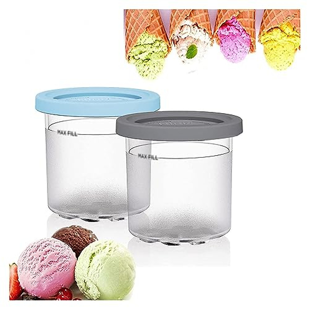 UNDR 2/4/6PCS Creami Deluxe Pints, for Ninja Creami,16 OZ Ice Cream Pint Containers Bpa-Free,Dishwasher Safe for NC301 NC300 NC299AM Series Ice Cream Maker,Gray+Blue-2PCS