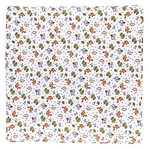 Friendly Forest Deluxe Flannel Swaddle Blanket - Forest Animals Scatter Print Cotton Flannel, Orange, Green, Tan, Gray and White, 48 in x 48 in