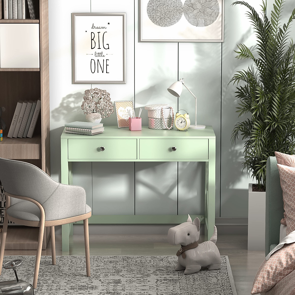 WiberWi Home Office Desk with Drawers, Small Writing Computer Desk for Bedroom, Modern Green Makeup Vanity Table Desk for Girls, Study Table for Home Office