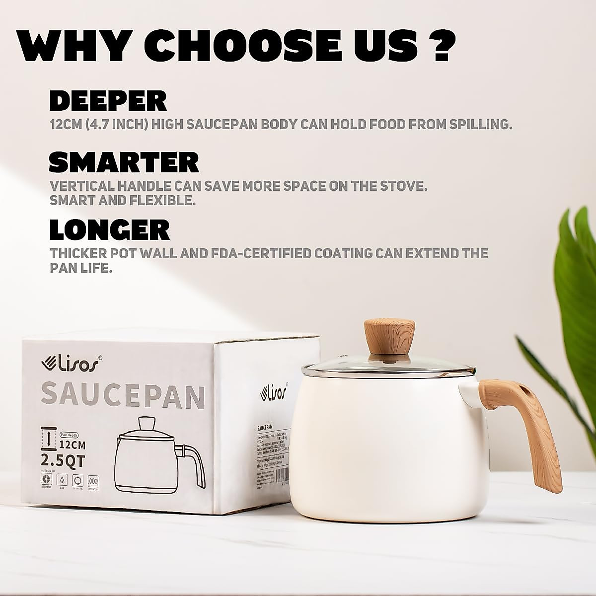 LISOS 2.5 Quart Non-stick Sauce Pan with Lid,Small Milk Pots for Cooking with Pour Spout,Aluminum stock Pot Wood Handle for kitchen,PFAS-Free,White