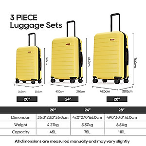 GinzaTravel 3-Piece ABS Luggage Set with TSA Locks, Expandable, and Friction-Resistant in Yellow - Includes 20", 24" & 28" Spinner Suitcases