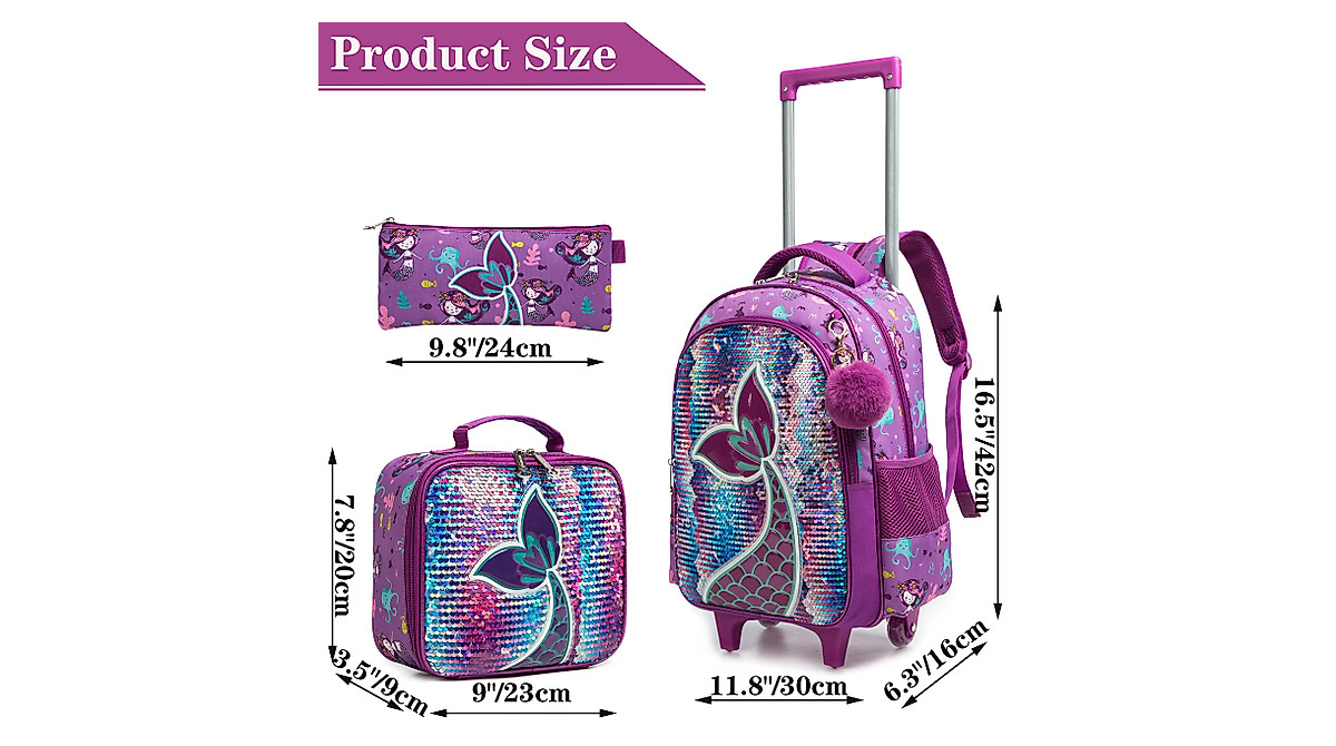 Stylish Mermaid Rolling Backpack for Girls