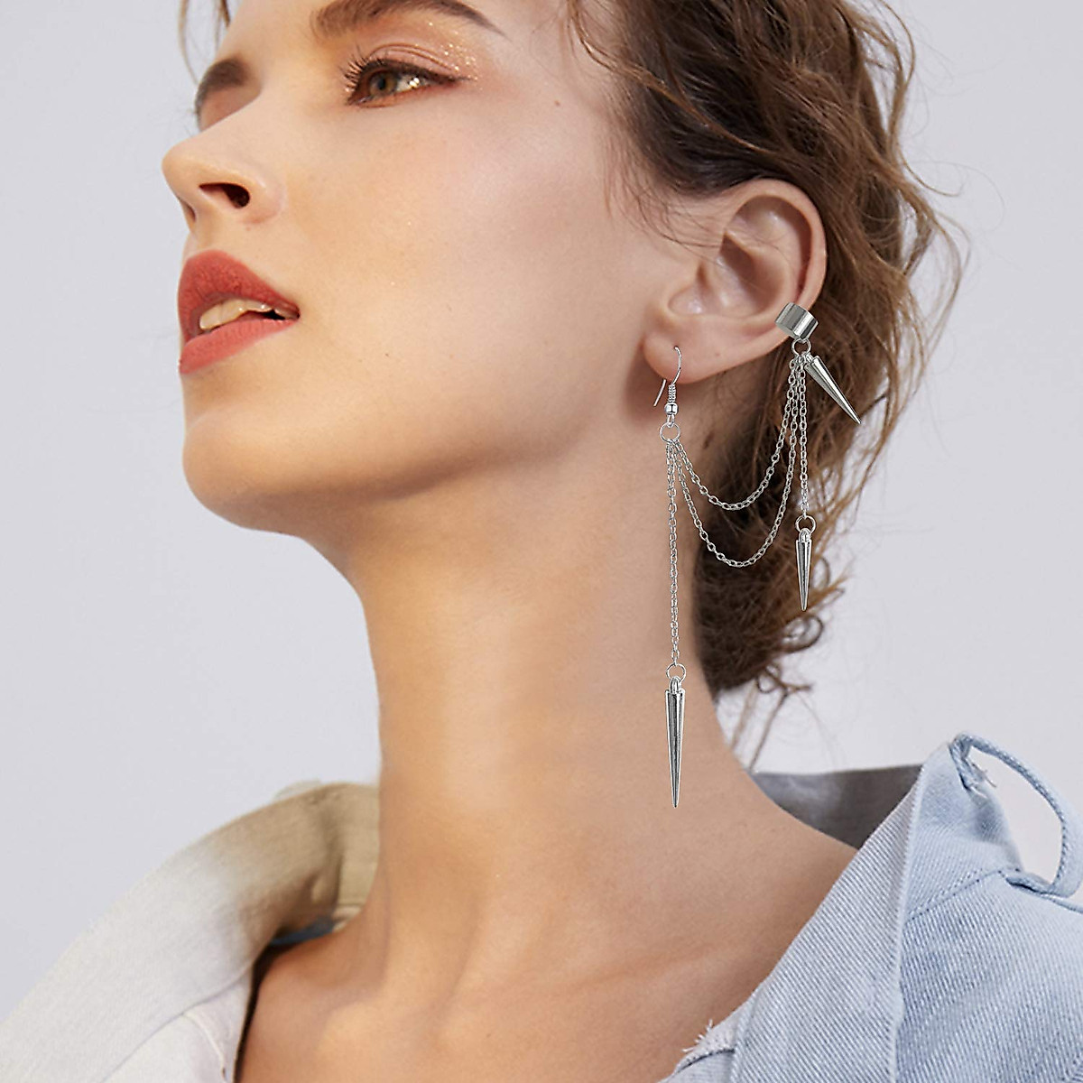 DAMLENG Lightweight Unique Black Punk Long Tassel Chain Ear Cuff Earrings 316L Stainless Steel Vintage Barrel Nails Crawler Climer Dangle Drop Earrings for Men Women Unisex (Silver)