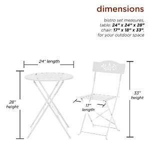 Alpine Corporation MSY100A-WT Alpine Bistro Set, Table: 24" L x 24" W x 28" H Chair: 17" L 18" W x 33" H, White