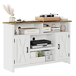HOSTACK Barn Door TV Stand for TVs Up to 65", Modern Farmhouse Wood Entertainment Center, Media Console Table with Storage Cabinet & Adjustable Shelves, Buffet Sideboard for Dining Room, White