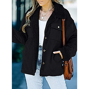 Dokotoo 2024 Autumn Winter Corduroy Trucker Jacket Coat for Women Turn-Down Collar Button Down Long Sleeve Soft Sherpa Lined Thick Solid Loose Fit Winter Outwear Black XL