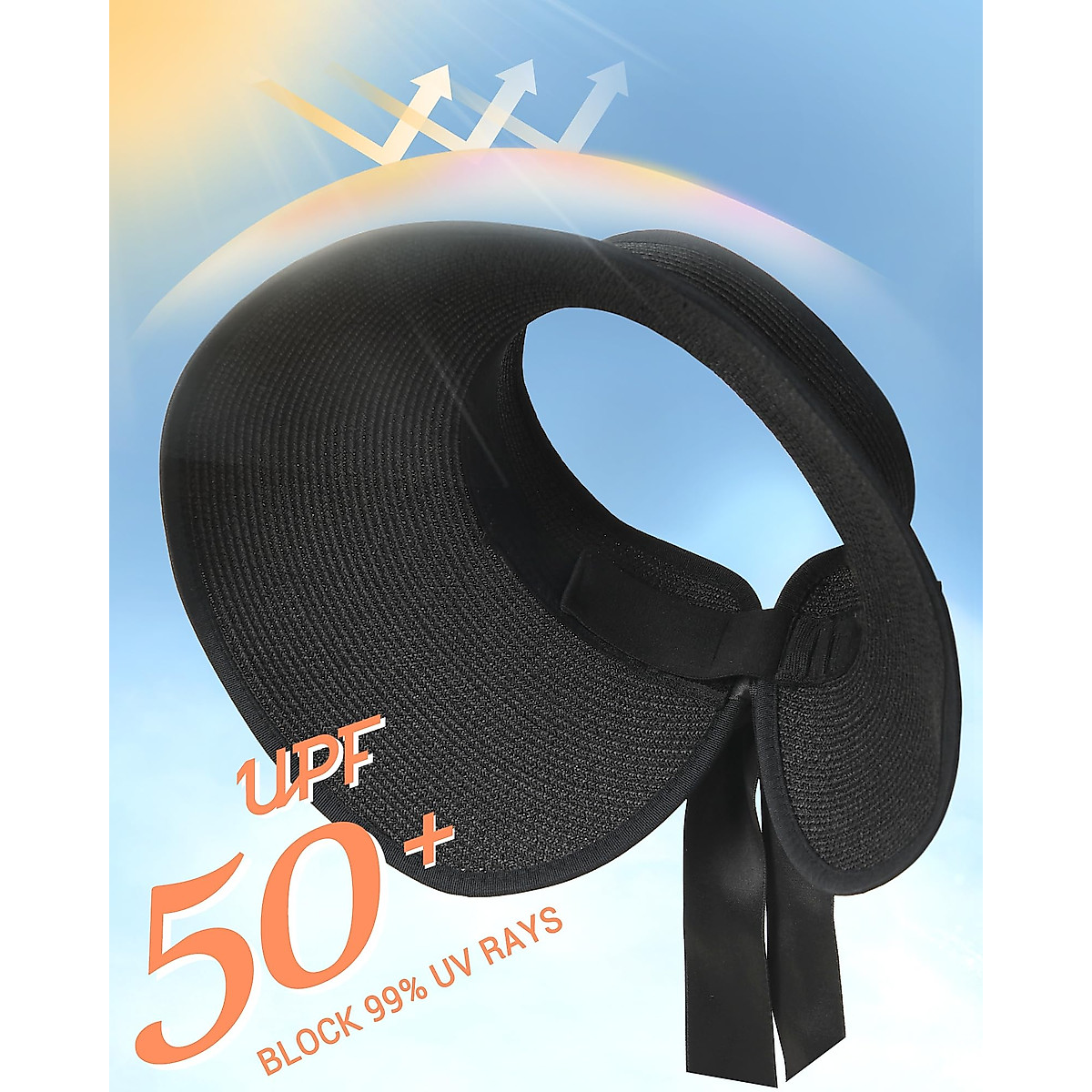 Camptrace Sun Visors for Women Wide Brim Beach Hat UPF 50+ Foldable Straw Visor Hat Ponytail Summer Packable Black