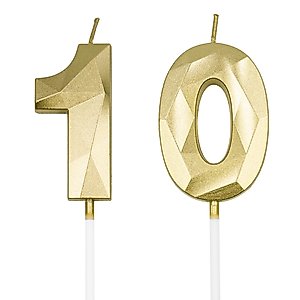 10th Birthday Candles for Cake, Gold Number 10 3D Diamond Shaped Candle Birthday Decorations Party Supplies for Girls or Boys