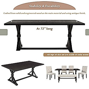 Goohome 6-Piece Farmhouse Kitchen Dining Set, Mid-Century Wood Rectangular Table, 4 Flannelette Upholstered Chairs and Bench Family Furniture, for Home, Apartment, Espresso