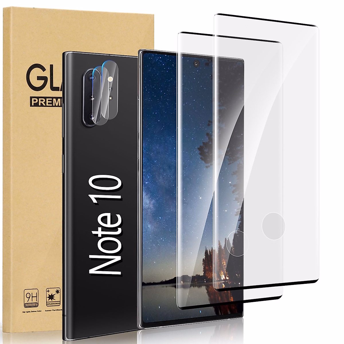 Audins [2+2 Pack Galaxy Note 10 Screen Protector, 9H Tempered Glass with Camera Lens Protector, Ultrasonic Fingerprint Support, 3D Curved, HD Clear Scratch Resistant for Samsung Galaxy Note 10 5G