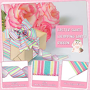 40 Yards Spring Pastel Ribbon Easter Horizontal Stripe Wired Pink Ribbons for Gift Wrapping DIY Craft Easter Home Farmhouse Tree Decoration (2.5 Inch in Width)