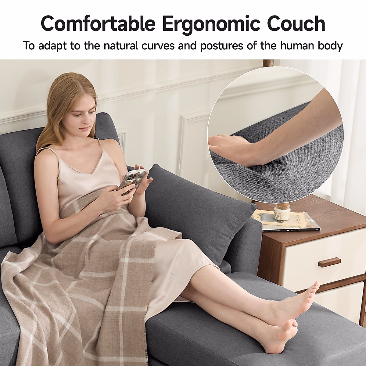 Winlice Convertible Loveseat Sectional Sofa Couch, Linen Fabric Modular Sofa with Storage Space for Small Apartments, Living Room, Office and Commercial Space, Dark Gray