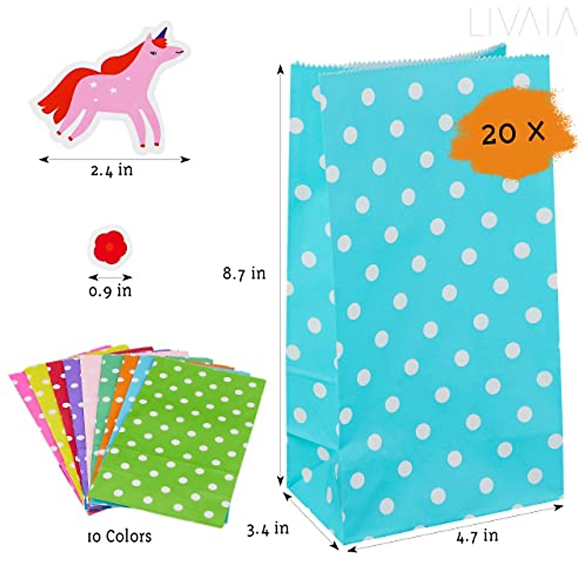LIVAIA Party Favor Bags: 20 Candy Bags for Birthday Party with Stickers – Small Gift Bags – Goodie Bags for Kids Birthday Party – Gift Bags Small Size