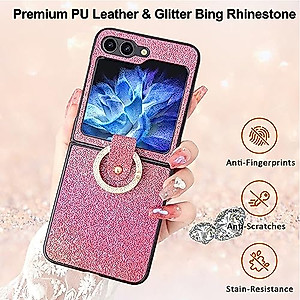 Z Flip 5 Case with Ring, Cute Glitter Bling Slim Leather Galaxy Z Flip 5 Phone Case for Women Girls, Sparkly Rhinestone Diamond Ring Holder Protective Case for Samsung Galaxy Z Flip 5 5G 2023 (Black)