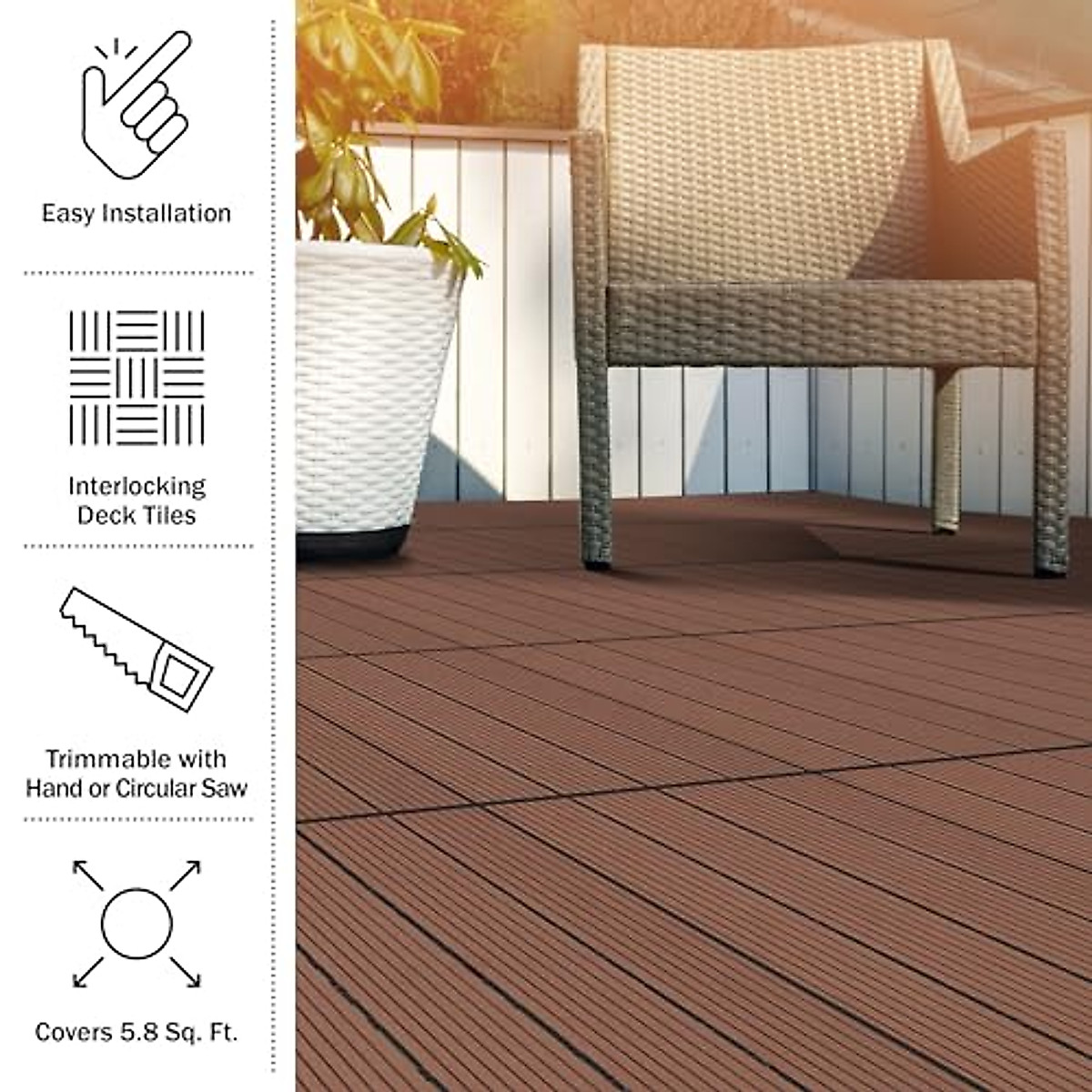 Interlocking Deck Tiles - 6-Pack 11.6-in Wood Plastic Composite All-Weather Outdoor Flooring Balcony Poolside or Patio by Pure Garden (Brown)