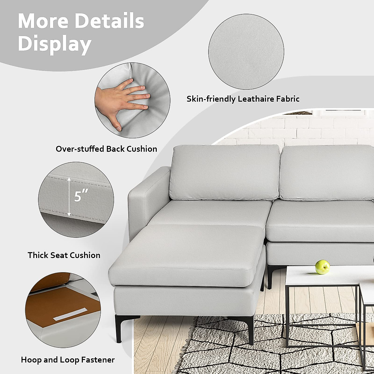 Giantex 94.5" L Convertible Sofa Couch, 3 Seat Sectional Sleeper with USB Ports & Socket, Reversible Chaise Lounge, Storage Box, L-Shaped Modular Sofa for Living Room Bedroom Office, Light Grey