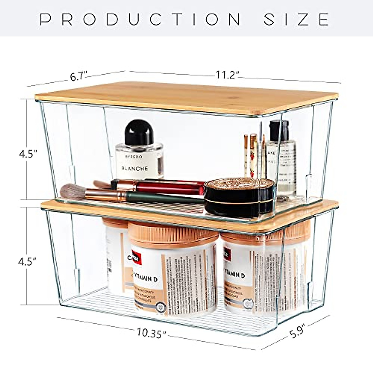 Hudgan Clear Storage Bins with Bamboo Lids, Medicine Cabinet Organizer Stackable Storage Containers with Lids for Pantry Organizers and Storage - 4 Pack