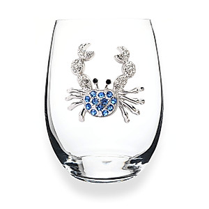 THE QUEENS' JEWELS - Blue Crab Stemless Wine Glass, 21 oz. - Coastal Elegance with Rhinestone Sparkle - Hand-Decorated Glassware - Not Painted - Dazzling and Unique