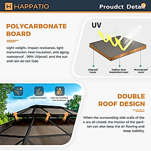 HAPPATIO Hardtop Gazebo, 10'x 12' Polycarbonate Double Roof Aluminum Furniture Gazebo, Outdoor Canopy with Netting and Curtains for Backyard, Patio, Parties, Lawns (Brown)