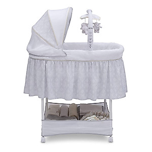 Simmons Kids Gliding Bedside Bassinet - Portable Crib with Activity Mobile Arm Featuring Spinning Toys, Vibration, Nightlight and Music, Peacock