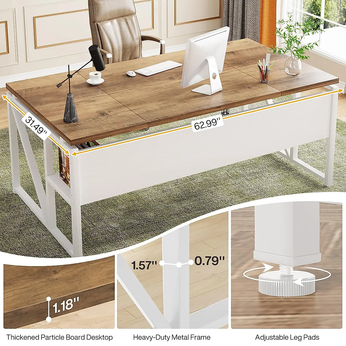 Tribesigns 63 inches Computer Desk with Bottom Storage Shelf Home Office Desk Writing Table for Workstation,Dark Walnut + Steel Leg， Cabinet not Included (Light Walnut, 63-inch-with Shelf)