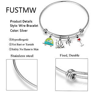FUSTMW Travel Camper Bracelet Camping Charm Bangle RV Travel Trailer Camping Jewelry Gift for Women (Silver Bracelet)