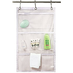 Shower Curtain Bathroom Organizer -9 Pockets- Perfect for Organizing Your Home Bath. Organize Your Toiletries and kid’s Toys in Nine Durable Deep Mesh Pockets. Hang on Existing Shower Curtain Rings.