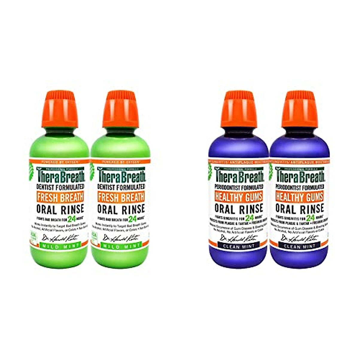 TheraBreath Fresh Breath Oral Rinse, Mild Mint, 16 Ounce Bottle (Pack of 2) and 24 Hour Healthy Gums Periodontist Formulated Oral Rinse, 16 Ounce (Pack of 2)