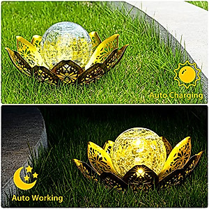 GIGALUMI Solar Lights Outdoor Garden Decor, Adjustable Metal Petal Lotus Flower Lights Crackle Globe Glass Lantern Outdoor Table Decor Waterproof for Patio, Lawn, Pathway, Pond, Christmas Gift