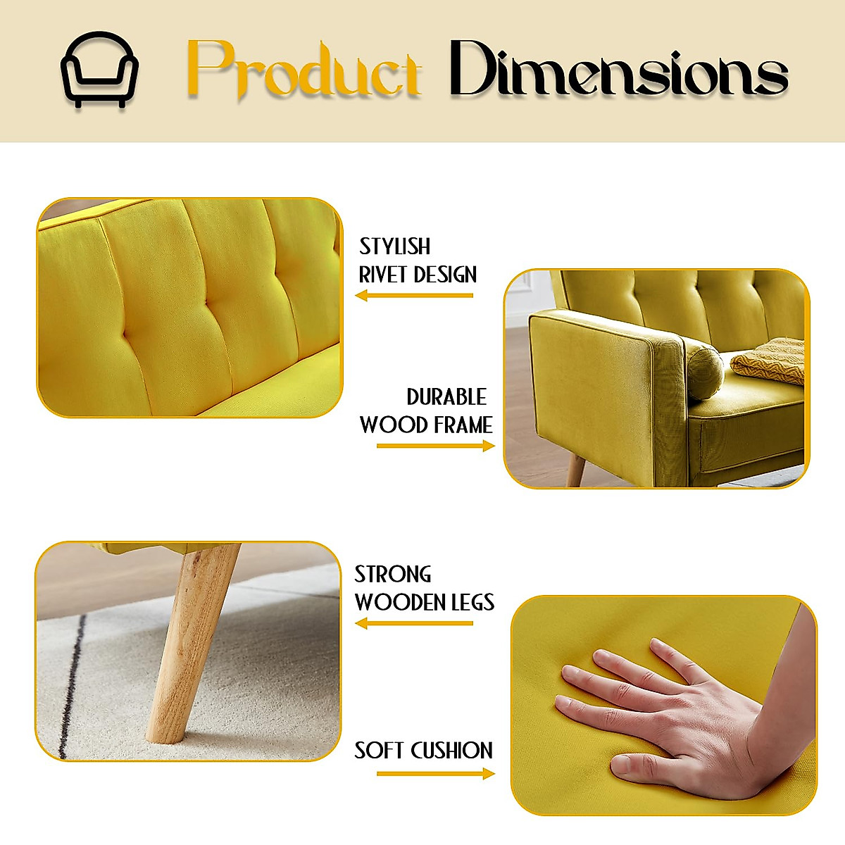 Anwickmak Yellow Velvet Couch, Small Sleeper Sofa Love Seat Includes 2 Pillows, 58" Tufted Loveseat Sofa, 4 Golden Metal Legs, Mid Century Modern Sofas for Living Room and Bedroom (Yellow)