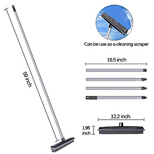Pet Hair Remover Rubber Broom with Squeegee Edge 59 inches Adjustable Carpet Rake Long Handle Push Broom for Hair Pet Dog Carpet Hardwood Floor Tile Windows Cleaning
