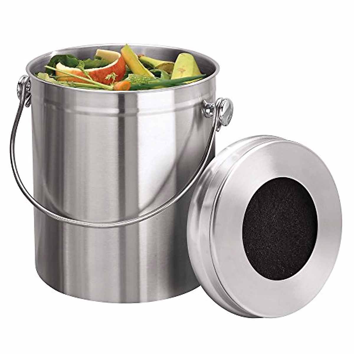 iDesign Basic Compost Bin with Charcoal Philtres, Stainless Steel Kitchen Food Waste Caddy, Silver