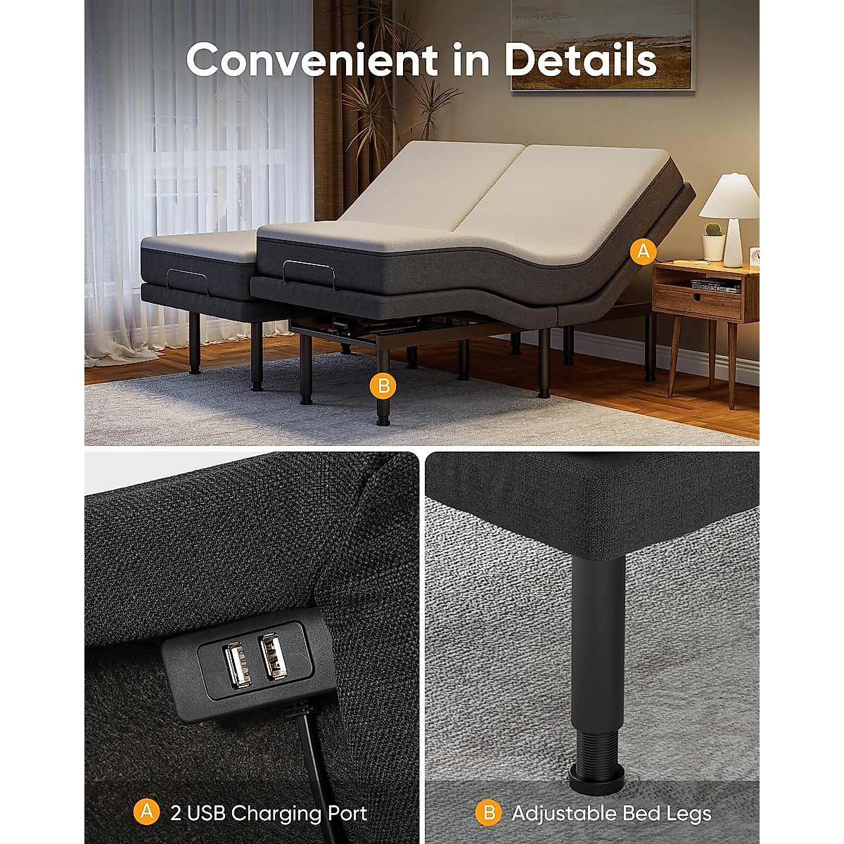 Furgle Adjustable Bed Frame, Adjustable Bed Base Split King for Stress Management, Zero Gravity Base, Head and Foot Incline with 3-Speed Massage, Anti-Snore, Memory Pre-Sets（2TXL）