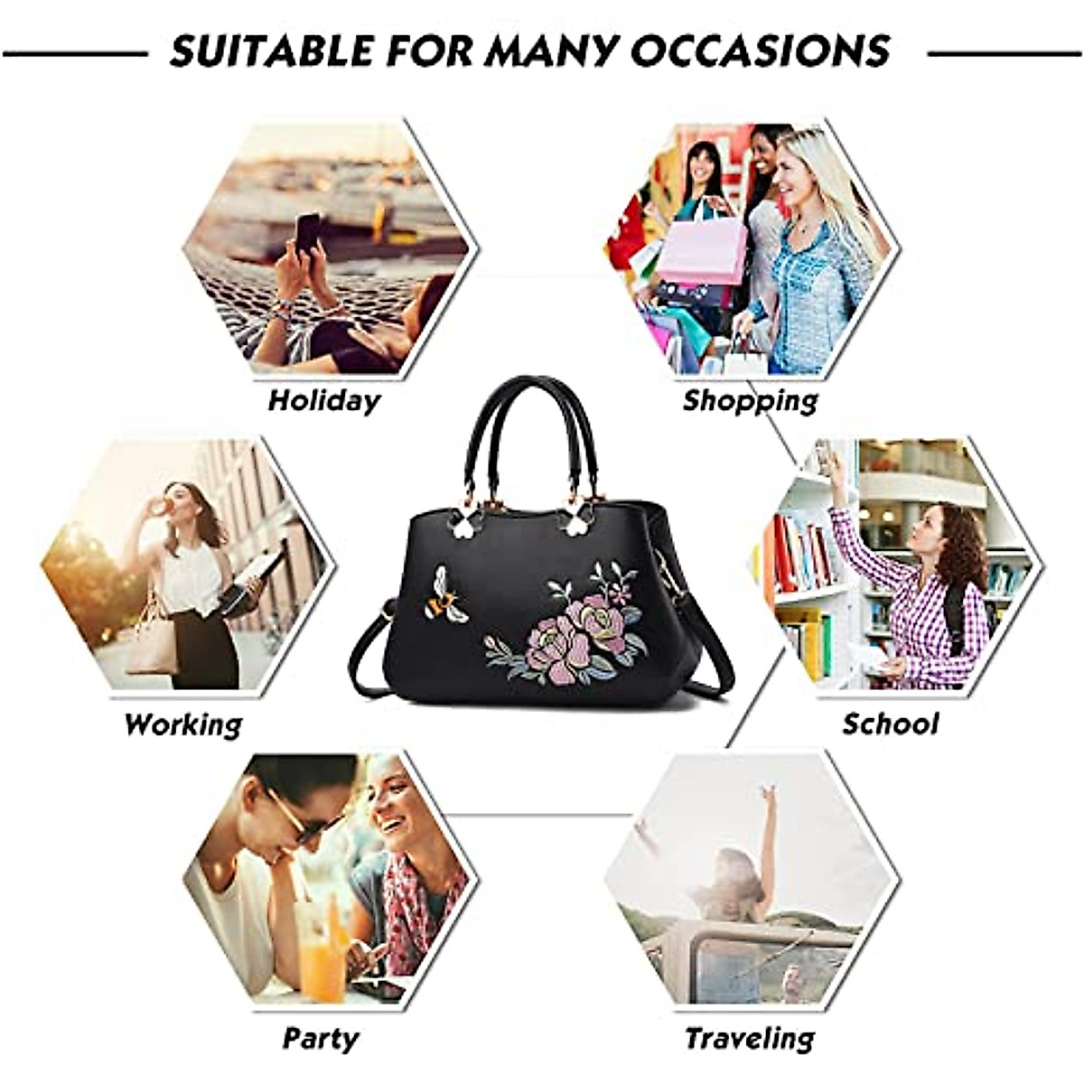 Embroidery Flowers Handbags for Women Ladies Tote Shoulder Bags PU Leather Satchel Top Handle Satchel Purse (Purple B)