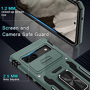 DEERLAMN for Pixel 7a Case,Google Pixel 7a Case with Slide Camera Cover+Screen Protector(2 Packs),Rotated Ring Kickstand Military Grade Shockproof Protective Cover-Green