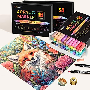 SUNEE 24 Colors Acrylic Paint Pens, Dual Tip Marker Pens With Medium Tip and Brush Tip, Paint Markers for Rock Painting, Wood, Canvas, Stone, Glass, Ceramic Surfaces, DIY Crafts Making Art Supplies