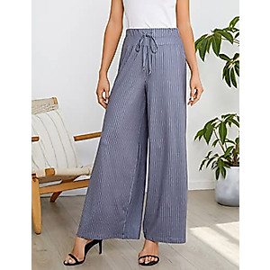 KOJOOIN Women's Wide Leg Pants Casual Palazzo Summer Flowy Pants Elastic High Waist Lounge Drawstring Long Trousers for Women Gray Stripe XL