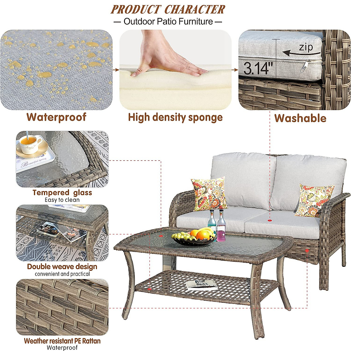 XIZZI 4 Pieces Outdoor Wicker Patio Furniture Set, All Weather Rattan High Back Loveseat with Cushions, Coffee Table and Armchairs, Modern Garden or Backyard Lounge Set (Grey Rattan-Grey Cushion)