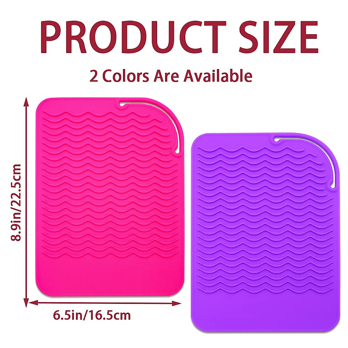 2 Pack Silicone Heat Resistant Travel Mat, Non Slip Curling & Flat Iron Mat Pad, Portable Styling Heat Mat for Hot Hair Tools, Straightener, Salon Appliances, 9x6.5 (Rose red,Purple)