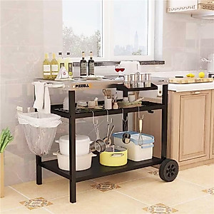 PIZZELLO Outdoor Grill Cart Three-Shelf Pizza Oven Stand Table with Wheels Dining Cart Table for Outside Patio, Movable Kitchen Cooking Prep Table BBQ Cart with 34"x 21" Stainless Steel Tabletop