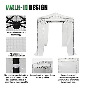 CROWN SHADES 8'x6' Instant Pop-up Walk-in Greenhouse Indoor Outdoor Plant Gardening Green House Canopy, Front and Rear Roll-up Zipper Entry Doors and 2 Roll-Up Side Windows, Transparent