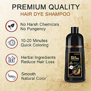 KINGMING Black Hair Dye Shampoo 3 in 1 for Gray Hair, Hair Color Shampoo for Women Men Grey Hair Coverage, Herbal Ingredients Champu Con Tinte Para Canas 500ml (Black)